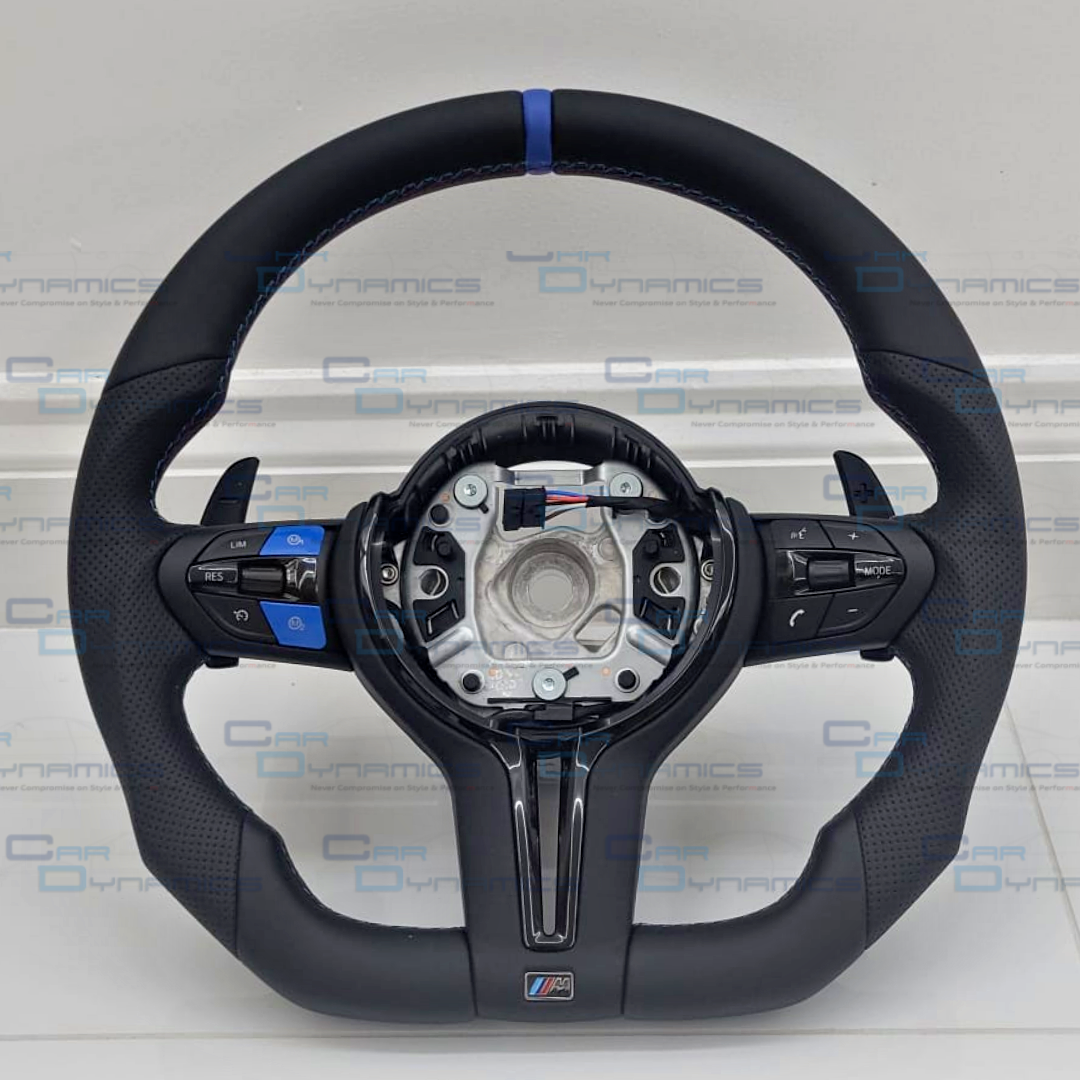 BMW Custom Leather Steering Wheel Flat Bottom M-Tech San Marino Blue E – Car Dynamics